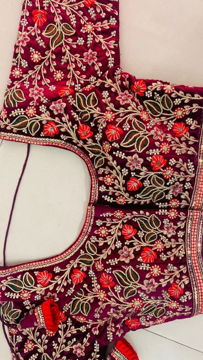 Red Italian Silk Codding Sequence Peacock Work Bridal Blouse